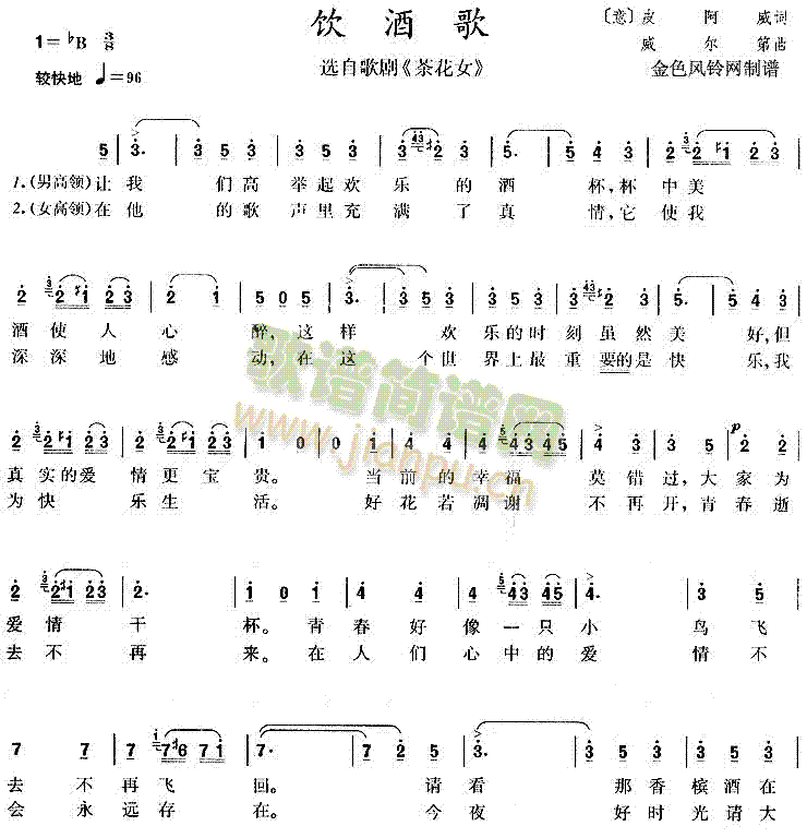 饮酒歌《茶花女》选曲 歌谱简谱网